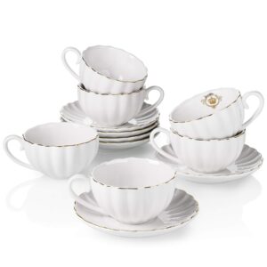 amazingware royal tea cups and saucers, with gold trim and gift box, british coffee cups, tea cup set, porcelain tea set, cappuccino cups, latte cups, set of 6 (8 oz)- white