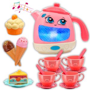 Jimbalaya Tea Party Set for Little Girls, Musical Mozartz Rainbow Colours Teapot with Songs & Sounds Pretend Play Toy Toddler Tea Set for Kids ,Toy Tea Set w/ Cupcake and Ice Cream