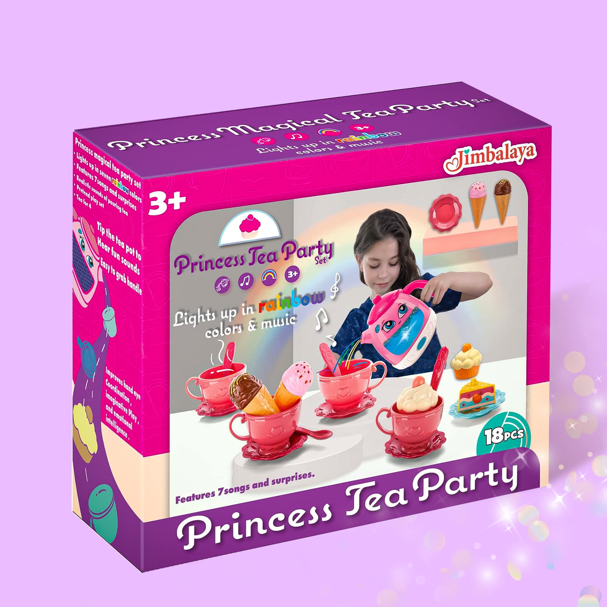 Jimbalaya Tea Party Set for Little Girls, Musical Mozartz Rainbow Colours Teapot with Songs & Sounds Pretend Play Toy Toddler Tea Set for Kids ,Toy Tea Set w/ Cupcake and Ice Cream