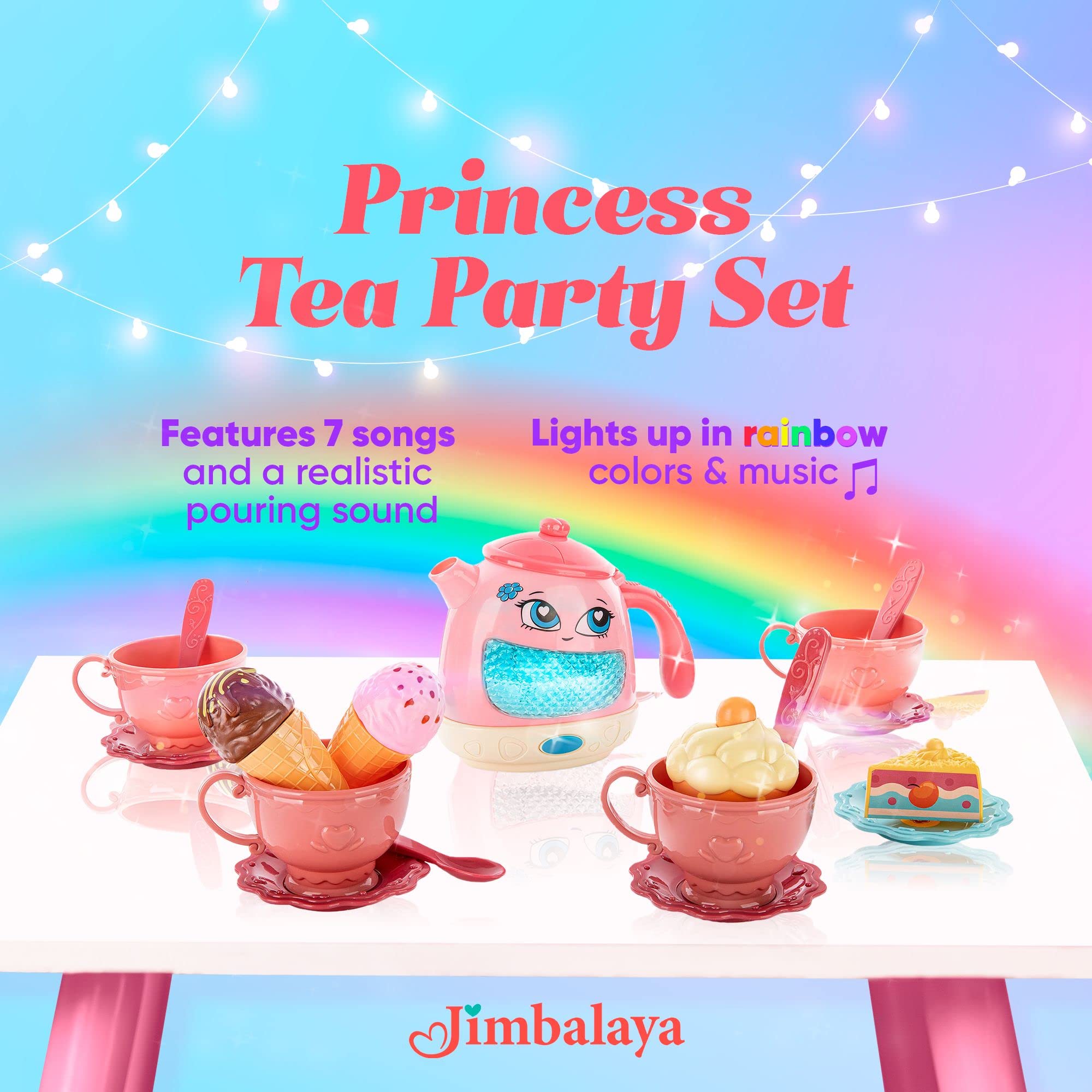 Jimbalaya Tea Party Set for Little Girls, Musical Mozartz Rainbow Colours Teapot with Songs & Sounds Pretend Play Toy Toddler Tea Set for Kids ,Toy Tea Set w/ Cupcake and Ice Cream