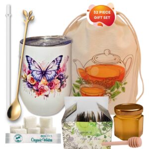 tea and honey gift set: tea gift basket with 18 tea bags, sugar, and honey jar, tea gift set with tumbler, variety tea sampler for women and men tea lovers, get well soon, sympathy & self care package (butterfly)