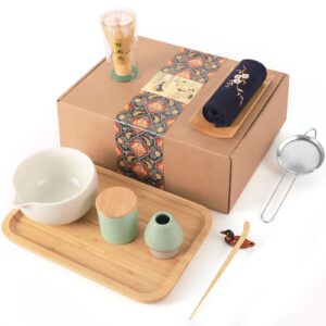 artcome japanese matcha tea set, matcha bowl with pouring spout, tea tray, bamboo whisk, ceramic whisk holder, handmade matcha ceremony kit for japanese tea ceremony (10pcs)