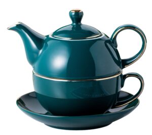 jusalpha dark turquoise green fine china 16 oz teapot- tea cup- saucer set, tea-for-one set #08