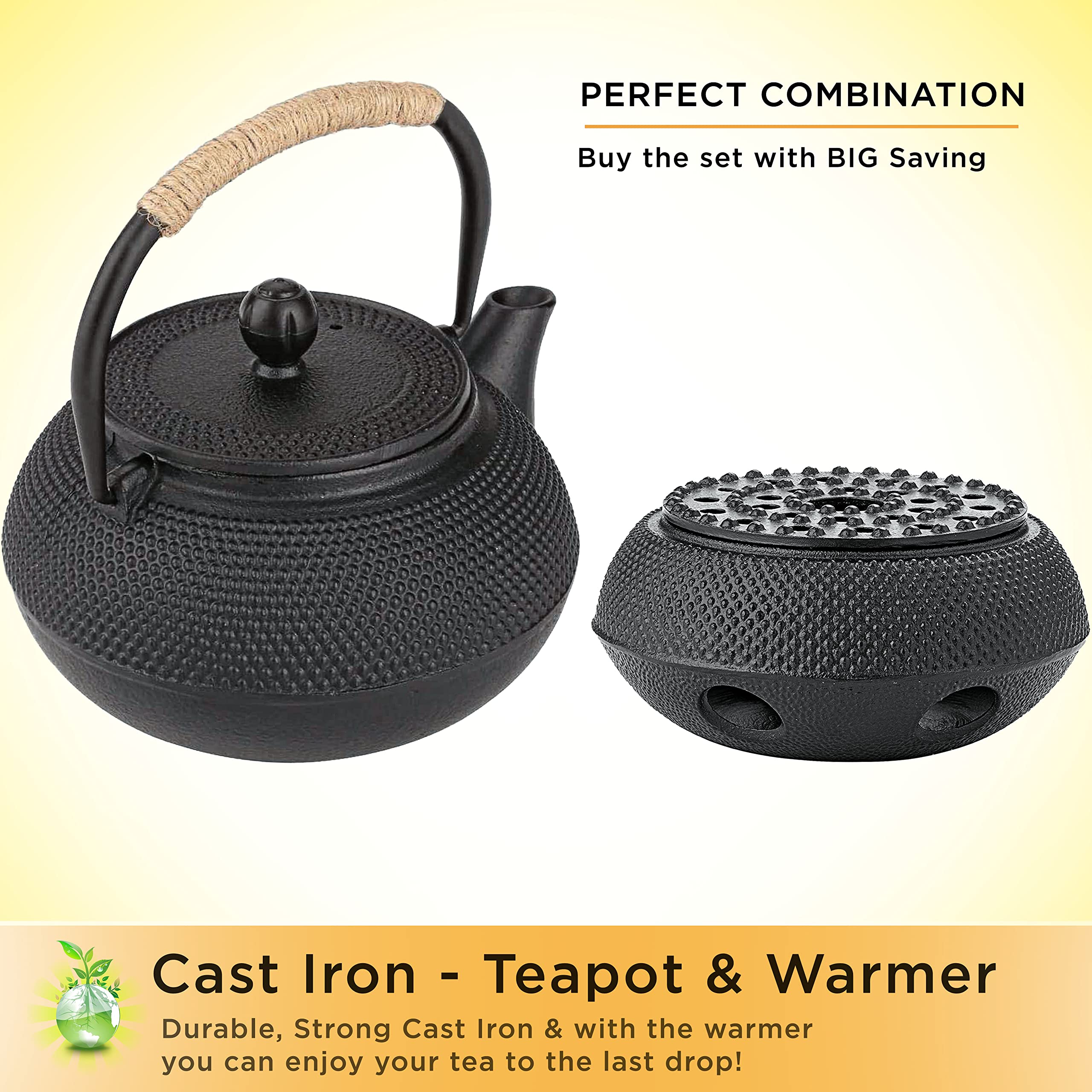 Oztara Cast Iron Teapot Set, 40 oz/1200 ml Japanese Style Teapot with Infuser and Warmer, Tea pot | Tea Kettle Coated with Enameled Interior, Large Cast Iron Kettle, Black & Iron cast Teapot warmer