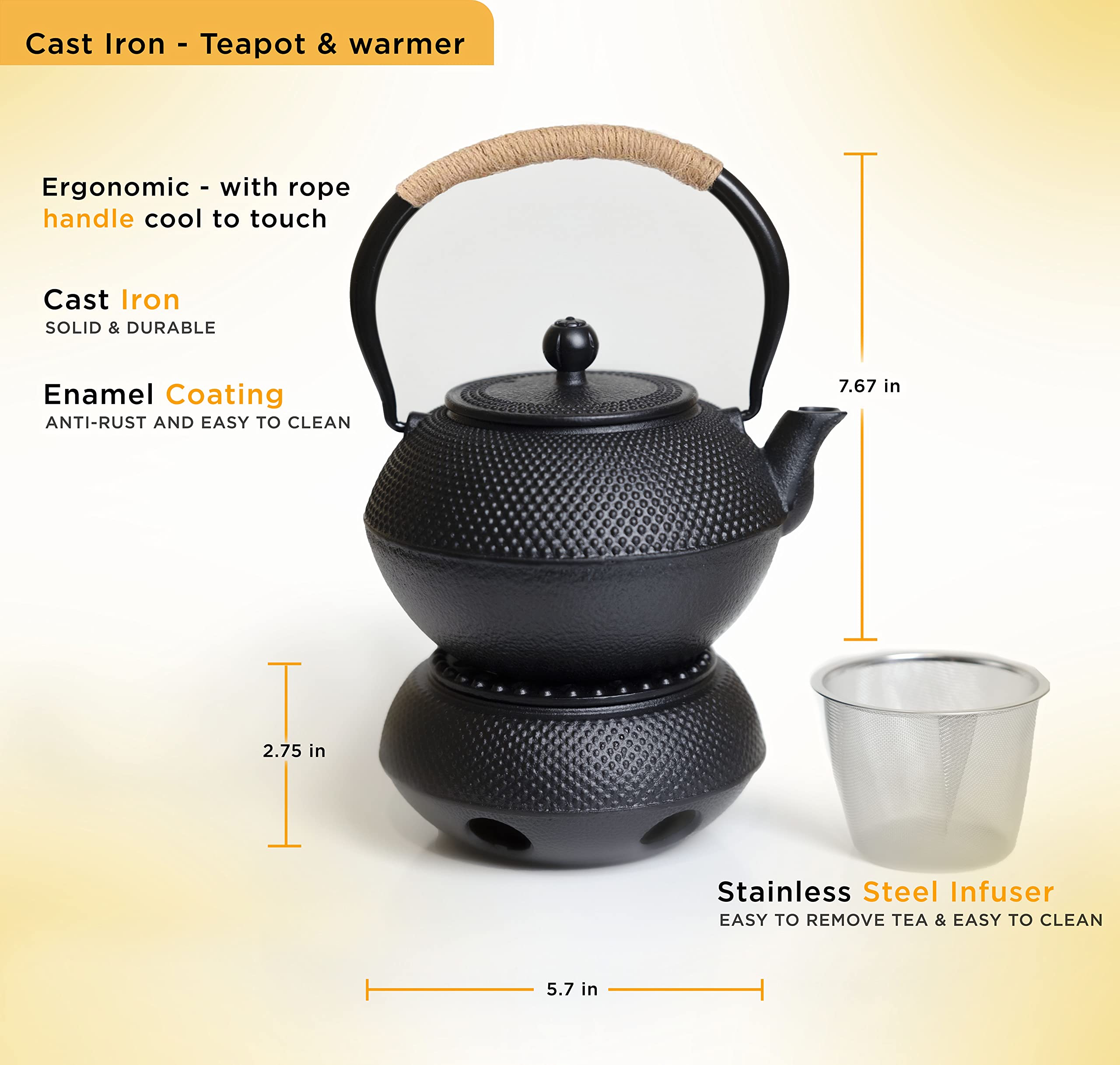 Oztara Cast Iron Teapot Set, 40 oz/1200 ml Japanese Style Teapot with Infuser and Warmer, Tea pot | Tea Kettle Coated with Enameled Interior, Large Cast Iron Kettle, Black & Iron cast Teapot warmer