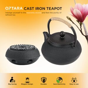 Oztara Cast Iron Teapot Set, 40 oz/1200 ml Japanese Style Teapot with Infuser and Warmer, Tea pot | Tea Kettle Coated with Enameled Interior, Large Cast Iron Kettle, Black & Iron cast Teapot warmer