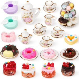 40 pcs 1:12 scale dollhouse miniature kitchen accessories set includes 15 flower pattern porcelain tea cup 24 mixed pretend cake foods 1 mini three-tier cake stand for decor supply (fresh style)