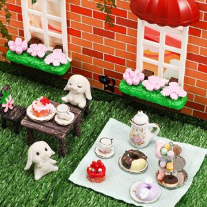 40 Pcs 1:12 Scale Dollhouse Miniature Kitchen Accessories Set Includes 15 Flower Pattern Porcelain Tea Cup 24 Mixed Pretend Cake Foods 1 Mini Three-Tier Cake Stand for Decor Supply (Fresh Style)