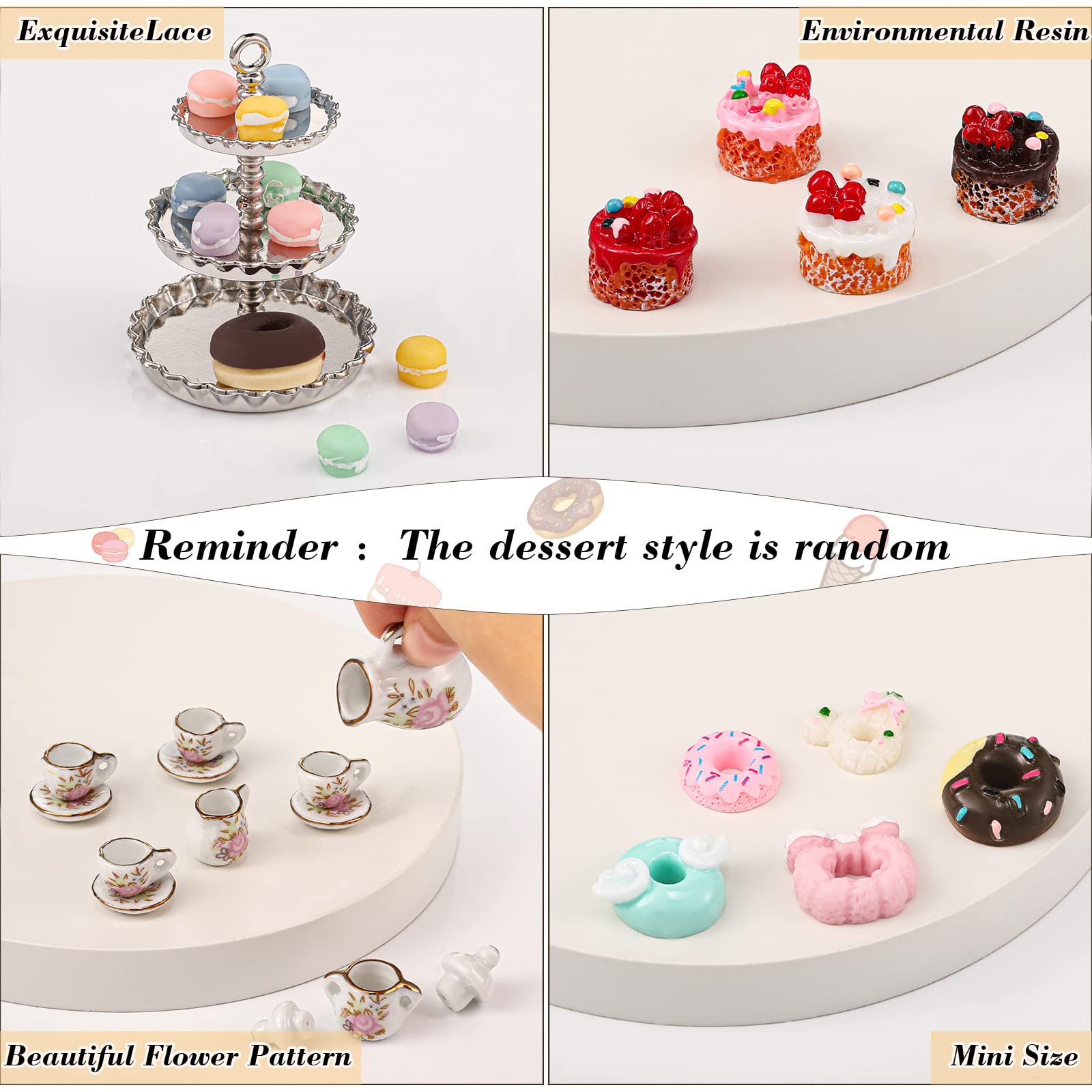 40 Pcs 1:12 Scale Dollhouse Miniature Kitchen Accessories Set Includes 15 Flower Pattern Porcelain Tea Cup 24 Mixed Pretend Cake Foods 1 Mini Three-Tier Cake Stand for Decor Supply (Fresh Style)