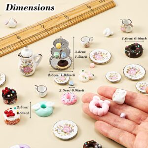 40 Pcs 1:12 Scale Dollhouse Miniature Kitchen Accessories Set Includes 15 Flower Pattern Porcelain Tea Cup 24 Mixed Pretend Cake Foods 1 Mini Three-Tier Cake Stand for Decor Supply (Fresh Style)