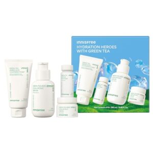 innisfree hydration heroes with green tea, routine kit with korean skincare serum, cleanser, toner, and cream (packaging may vary)