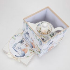 Bits and Pieces - Adorable Single Serving Kitty Tea Set - Cat Tea Set for One - Porcelain Teapot and Cup Combination