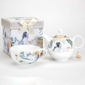 Bits and Pieces - Adorable Single Serving Kitty Tea Set - Cat Tea Set for One - Porcelain Teapot and Cup Combination