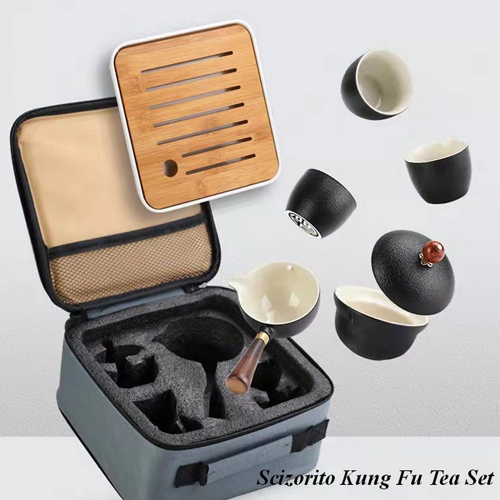 Scizorito Ceramic Portable Travel Tea Set, Chinese Kungfu Tea Set with 360 Rotation Teapot and Infuser, 4 Tea Cups, Tea Tray And Travel Bag (Lucky Cat)