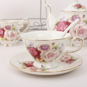 ufengke 15 Piece European Ceramic Tea Sets,Bone China Coffee Set with Metal Holder,Colorful Rose Painting Pumpkin Coffee Tea Pot