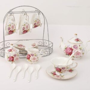 ufengke 15 Piece European Ceramic Tea Sets,Bone China Coffee Set with Metal Holder,Colorful Rose Painting Pumpkin Coffee Tea Pot