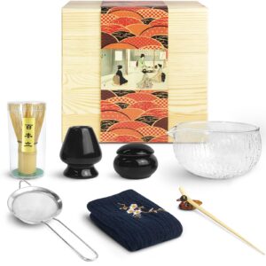 artcome japanese matcha tea set, glass matcha bowl with pouring spout, bamboo whisk, ceramic whisk holder, wooden case, handmade matcha ceremony kit for japanese tea ceremony (black)