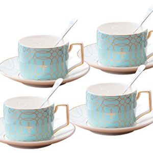 Jusalpha Porcelain Tea Set-Service of 4- Modern Elegant Mint Green Tea Cup and Saucer Set-Coffee Cup Set with Saucer and Spoon,TCS15 (4) (Blue)