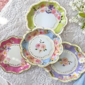 kate aspen updated vintage floral tea party 7 in. premium decorative paper plates | baby shower or bridal shower party supplies - party plates in assorted colors with gold foil (set of 16), …