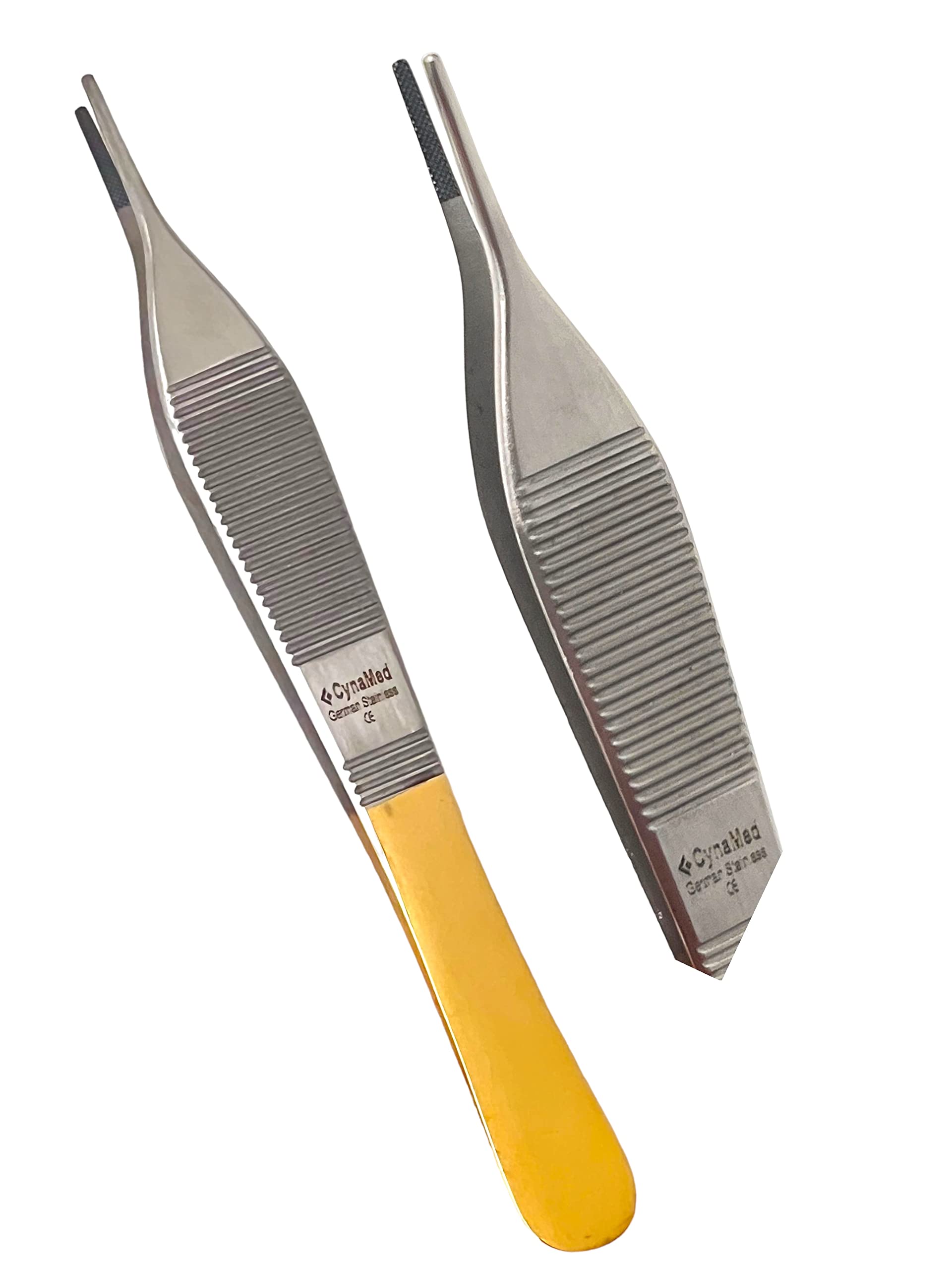 German Grade Adson Dressing Forceps Micro 4.75" with Tungsten Carbide Inserts and Gold Handle Premium Dental Instruments Cynamed