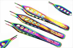 3ea adson kocher tissue forceps micro 4.75 inches 1x2 teeth german titanium rainbow stainless steel dissecting cynamed