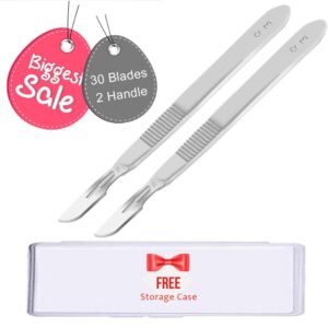 30 Pieces Scalpel Sterile Blades #10 with 2 Pack #3 Metal Scalpel Knife Handle & Storage Case, for Biology Lab Anatomy, Practicing Cutting, Medical Student, Sculpting, Repairing, Crafts, Leather