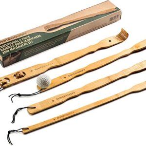 BambooWorx Traditional Bamboo Wooden Back Scratcher - 4 Piece Body Relaxation Massager Set for Men & Women - 17.5" Long Handle, Strong and Sturdy Itching Relief Back Scratchers - 100% Natural Wood