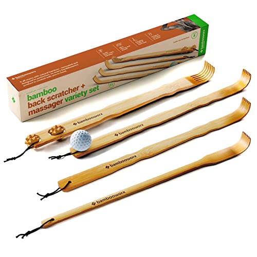 BambooWorx Traditional Bamboo Wooden Back Scratcher - 4 Piece Body Relaxation Massager Set for Men & Women - 17.5" Long Handle, Strong and Sturdy Itching Relief Back Scratchers - 100% Natural Wood