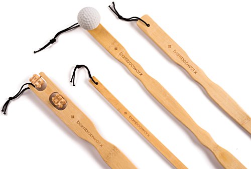 BambooWorx Traditional Bamboo Wooden Back Scratcher - 4 Piece Body Relaxation Massager Set for Men & Women - 17.5" Long Handle, Strong and Sturdy Itching Relief Back Scratchers - 100% Natural Wood