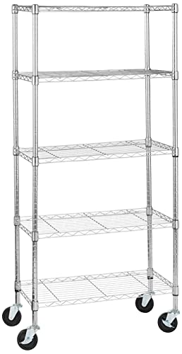 Amazon Basics 5-Shelf Adjustable, Heavy Duty Storage Shelving Unit on 4'' Wheel Casters, Metal Organizer Wire Rack, 30" L x 14" W x 64.8" H, Chrome