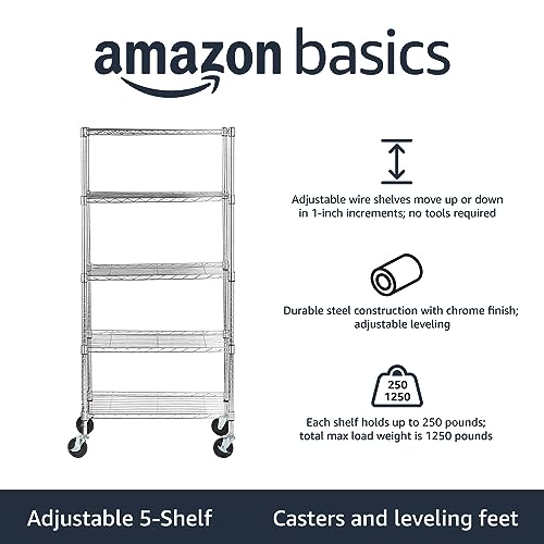 Amazon Basics 5-Shelf Adjustable, Heavy Duty Storage Shelving Unit on 4'' Wheel Casters, Metal Organizer Wire Rack, 30" L x 14" W x 64.8" H, Chrome