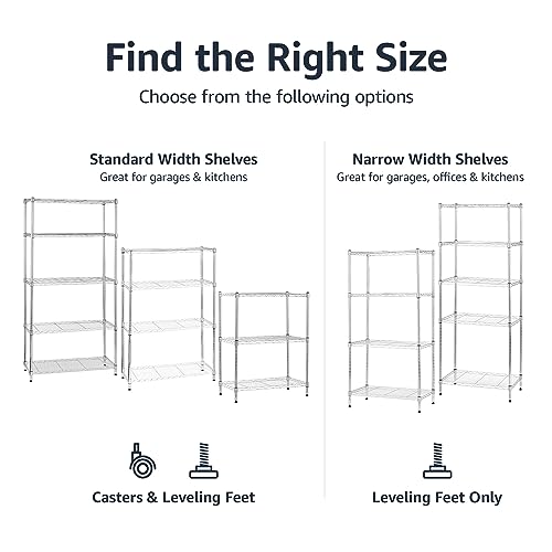 Amazon Basics 5-Shelf Adjustable, Heavy Duty Storage Shelving Unit on 4'' Wheel Casters, Metal Organizer Wire Rack, 30" L x 14" W x 64.8" H, Chrome