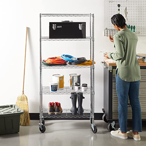 Amazon Basics 5-Shelf Adjustable, Heavy Duty Storage Shelving Unit on 4'' Wheel Casters, Metal Organizer Wire Rack, 30" L x 14" W x 64.8" H, Chrome