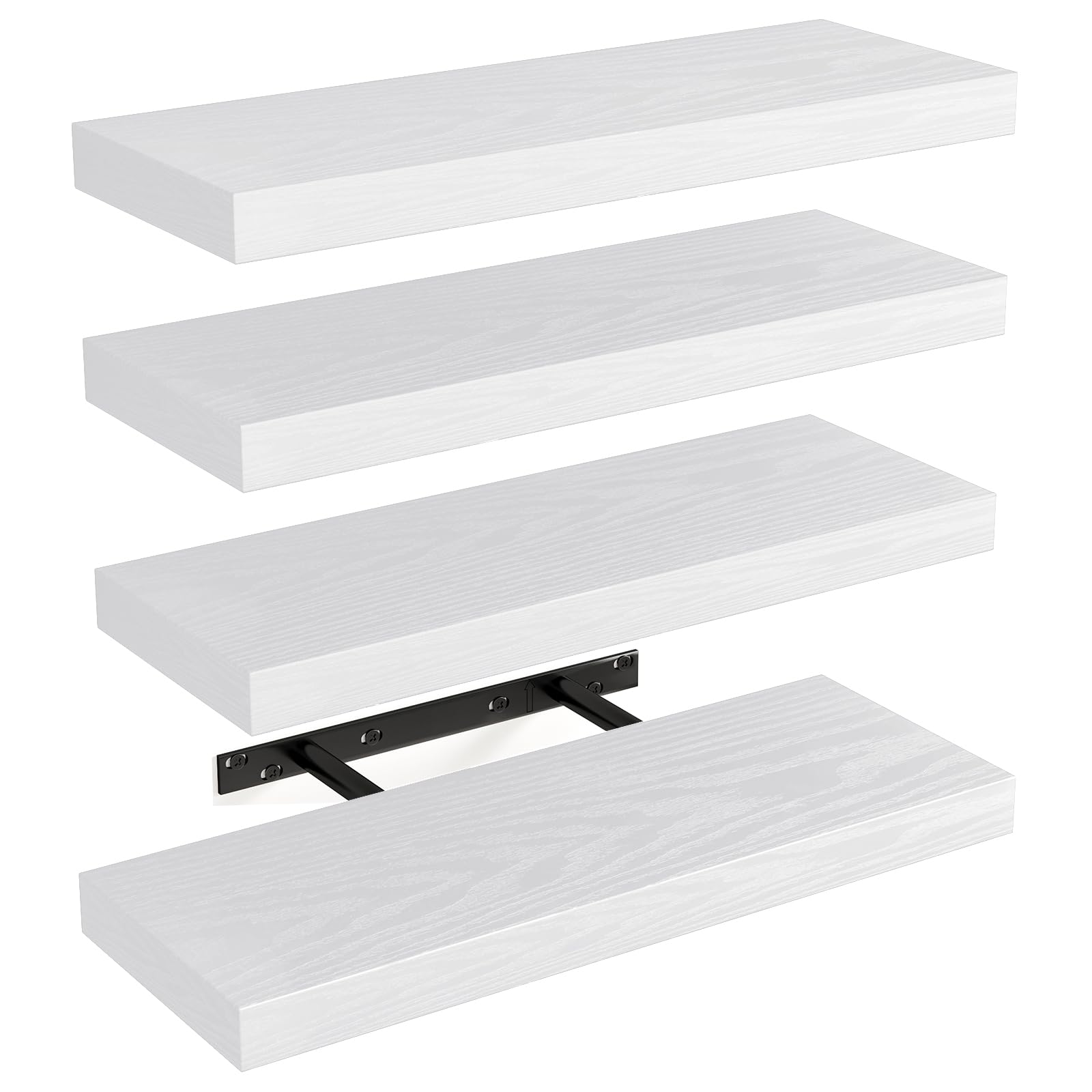 Fixwal 15.8in Floating Shelves, Rustic Wood Finish Wall Shelves Set of 4, Shelves for Wall Decor, with Invisible Brackets for Bathroom, Living Room,Bedroom and Kitchen(White)