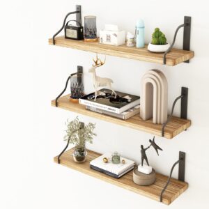 inforth wall shelves, wood wall mounted shelves for wall storage, floating shelves for wall display with metal bracket, hanging shelves for bedroom kitchen living room (wooden, 17 inches)