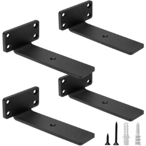 hitomen heavy duty floating shelf brackets, 6-inch (1/5'' thick) hidden shelves hardware, cast iron l brackets, rustic industrial black metal wall shelving supports, 4 pack