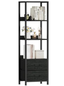 furnulem 4-tier corner shelf, bookshelf with 2 storage drawers, 57.28”tall narrow bookcase, standing shelf organizer unit for living room, bedroom, metal frame, wood display shelf