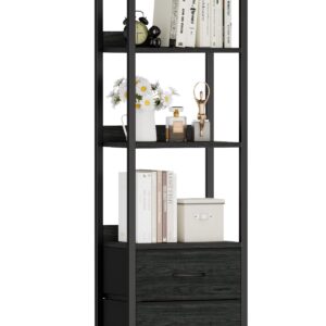 Furnulem 4-Tier Corner Shelf, Bookshelf with 2 Storage Drawers, 57.28”Tall Narrow Bookcase, Standing Shelf Organizer Unit for Living Room, Bedroom, Metal Frame, Wood Display Shelf