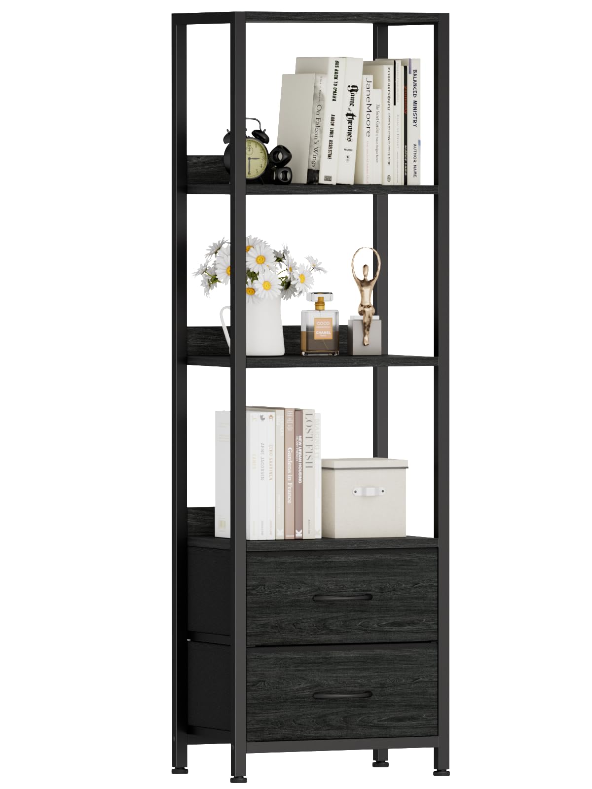 Furnulem 4-Tier Corner Shelf, Bookshelf with 2 Storage Drawers, 57.28”Tall Narrow Bookcase, Standing Shelf Organizer Unit for Living Room, Bedroom, Metal Frame, Wood Display Shelf