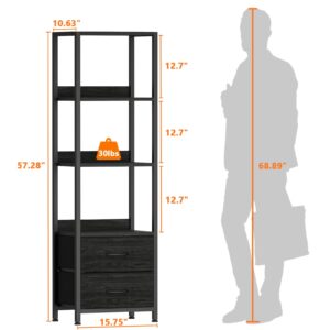 Furnulem 4-Tier Corner Shelf, Bookshelf with 2 Storage Drawers, 57.28”Tall Narrow Bookcase, Standing Shelf Organizer Unit for Living Room, Bedroom, Metal Frame, Wood Display Shelf