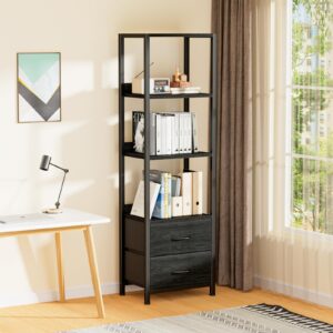 Furnulem 4-Tier Corner Shelf, Bookshelf with 2 Storage Drawers, 57.28”Tall Narrow Bookcase, Standing Shelf Organizer Unit for Living Room, Bedroom, Metal Frame, Wood Display Shelf