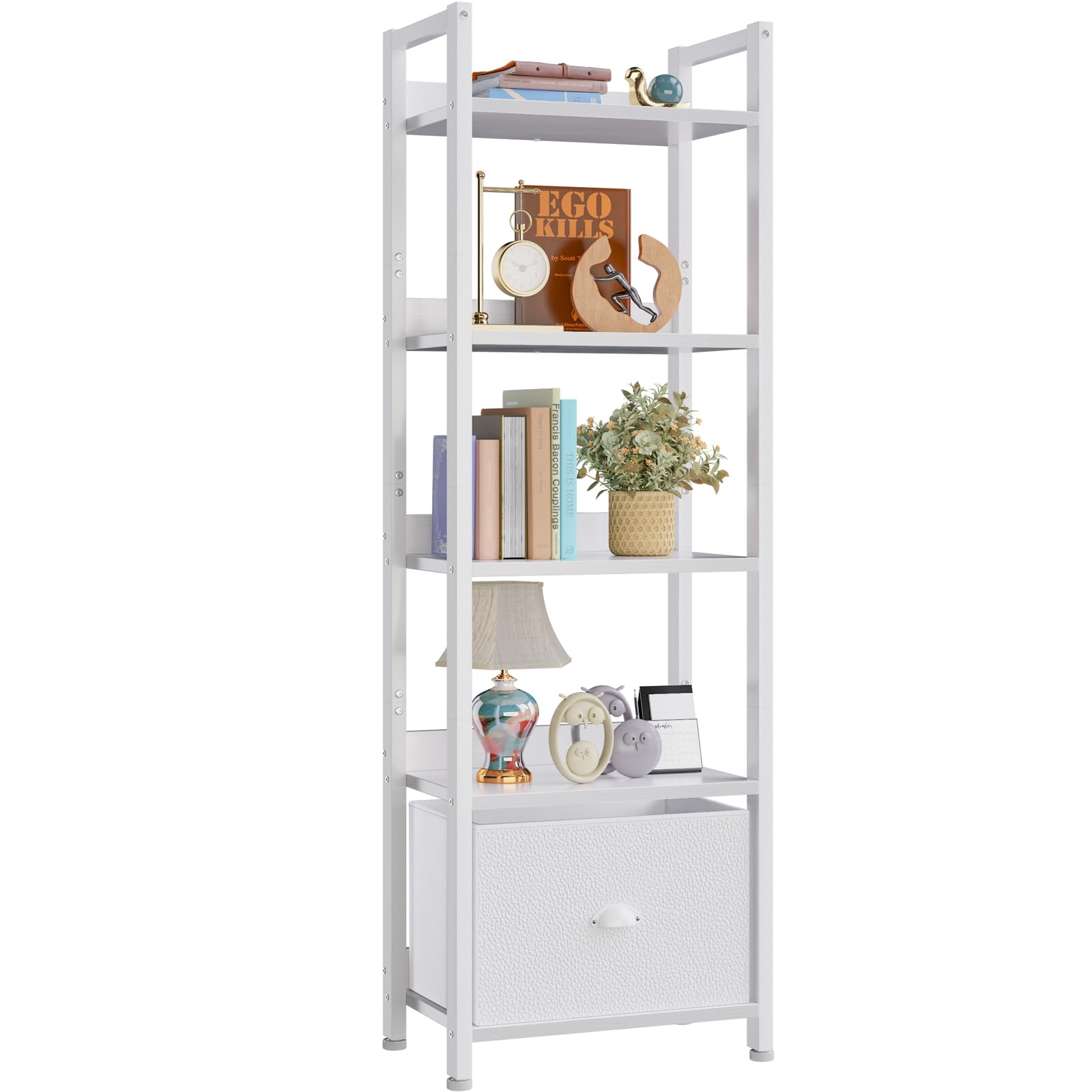 Furologee 5 Tier Bookshelf with Drawer, Tall Narrow Bookcase with Shelves, Wood and Metal Book Shelf Storage Organizer, Modern Display Standing Shelf Unit for Bedroom, Living Room, Office, White