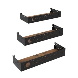 serwrsw moon and stars wall shelves black, set of 3 small floating shelves for bedroom living room wall storage or decor, brown board