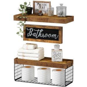 qeeig bathroom decor shelves over toilet - farmhouse decorations aesthetic décor sign small floating wall shelf paper storage 2+1 set 16 inch, rustic brown (020bn)