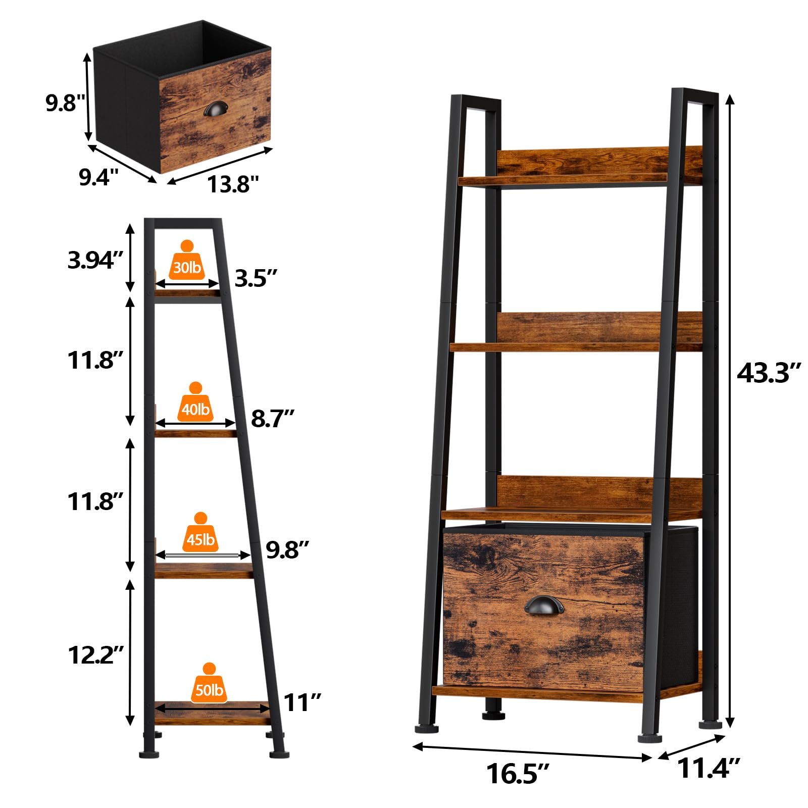 Furologee 4-Tier Ladder Shelf, Ladder Bookshelf with Removable Drawer, Rustic Bookcase Storage Rack Organizer, Wood Metal Freestanding Storage Shelves for Living Room, Home Office, Bedroom, Kitchen