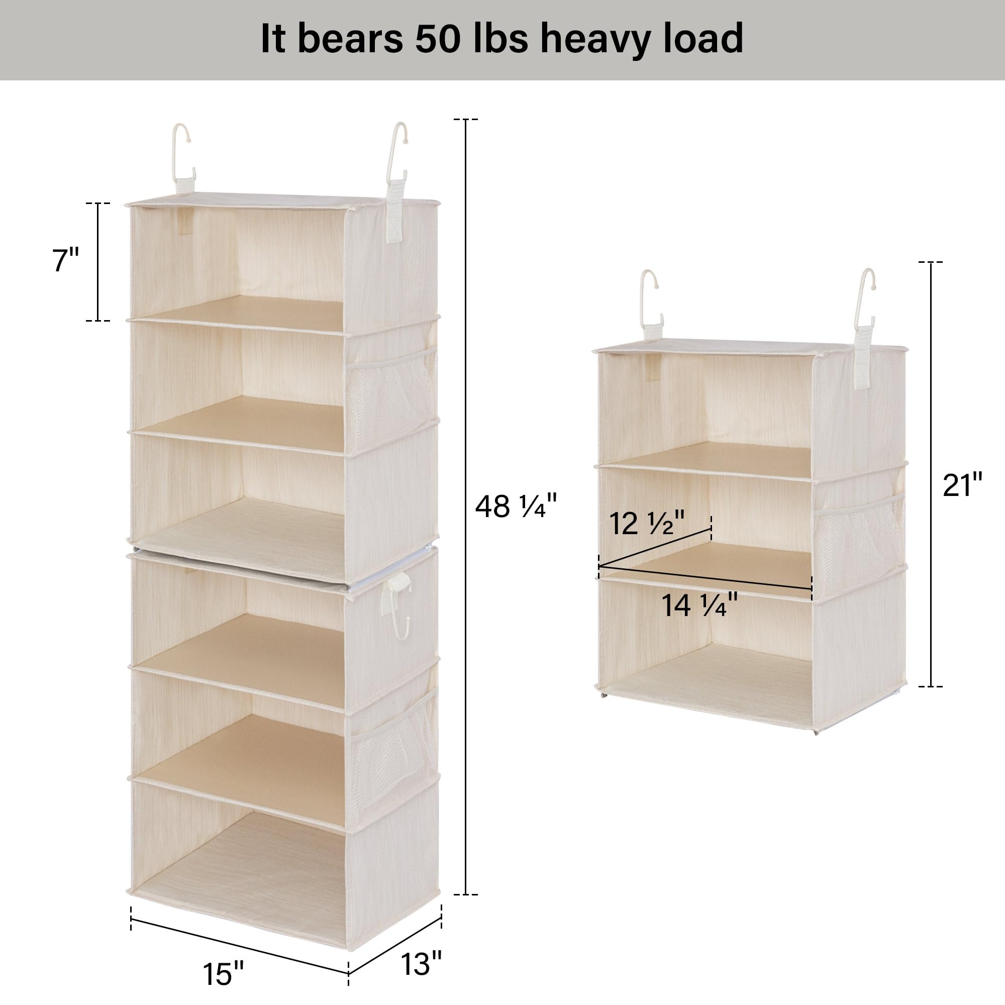 StorageWorks 6-Shelf Hanging Closet Organizers, Two 3-Shelf Separable Closet Hanging Shelves, 13" D x 15" W x 48 ¼"H, Mixing of Beige, White & Ivory