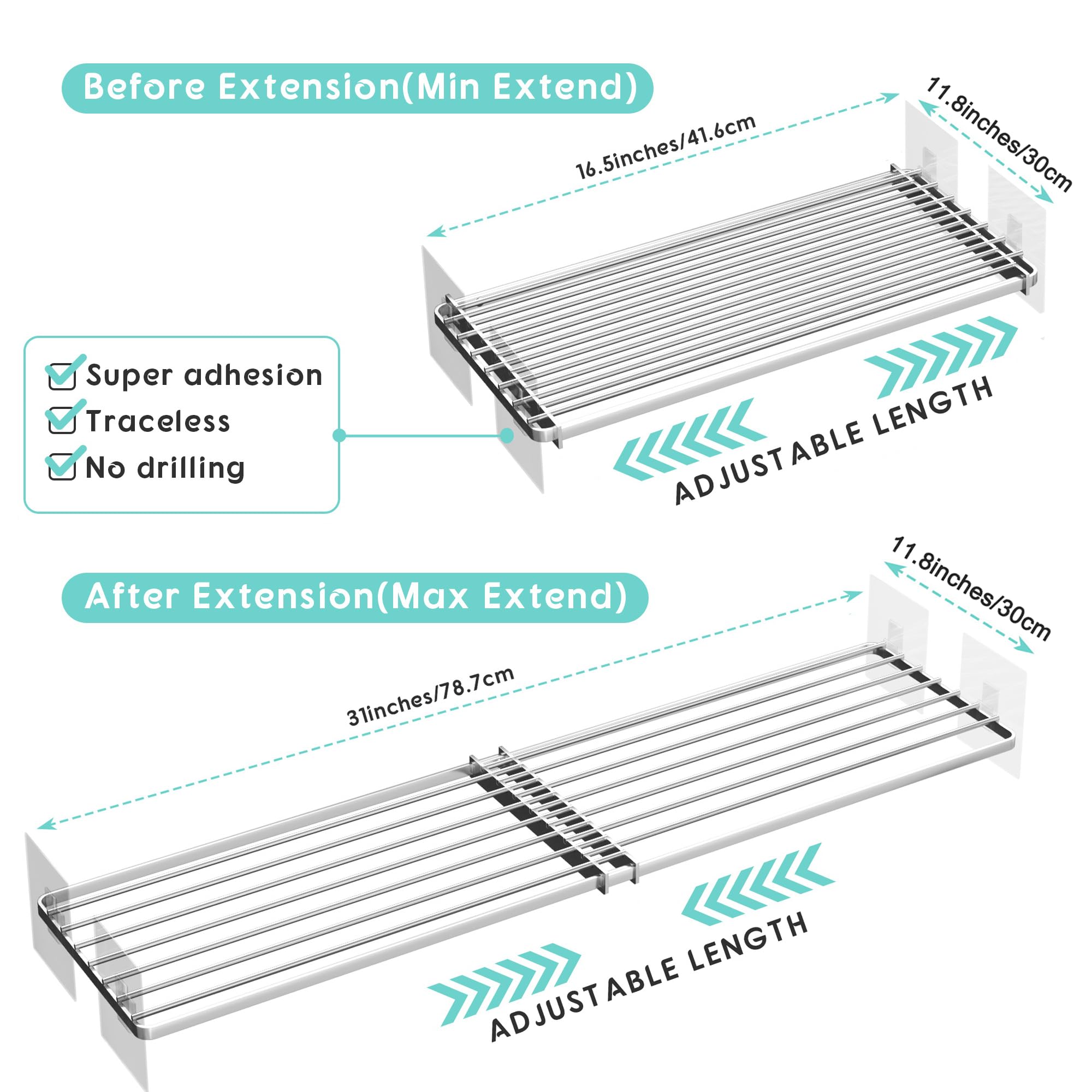 jkxoo 2Pack Expandable Closet Tension Shelves Organizers, Adjustable Wall Mounted Tension Shelf for Cabinet Rack Storage Wardrobe Divider Shelving for Closets Pantry Cupboard Kitchen