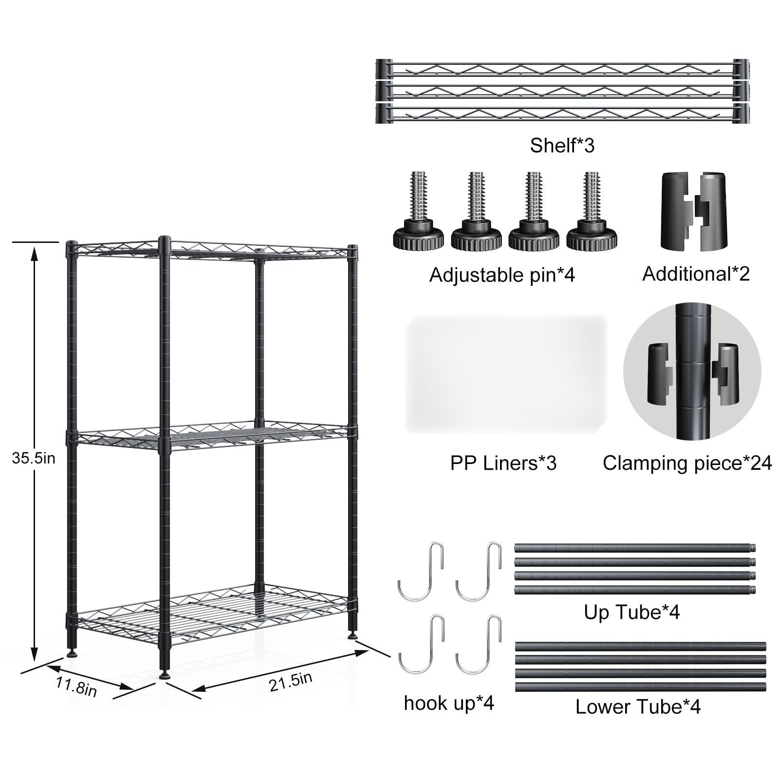 SsngygHme 3 Tier Shelves Storage, Wire Shelf Unit, Standing Adjustable Metal Shelves Organizer, Storage Racks for Restaurant Garage Pantry Kitchen Garage（Medium，11.8" W x 21.5" L x 35.5" H）