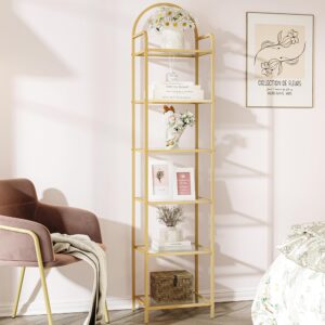 hzuaneri bookcase bookshelf, tempered glass bookshelves, slim shelving unit for bedroom, bathroom, home office, steel frame, 6 tier gold bc10601g