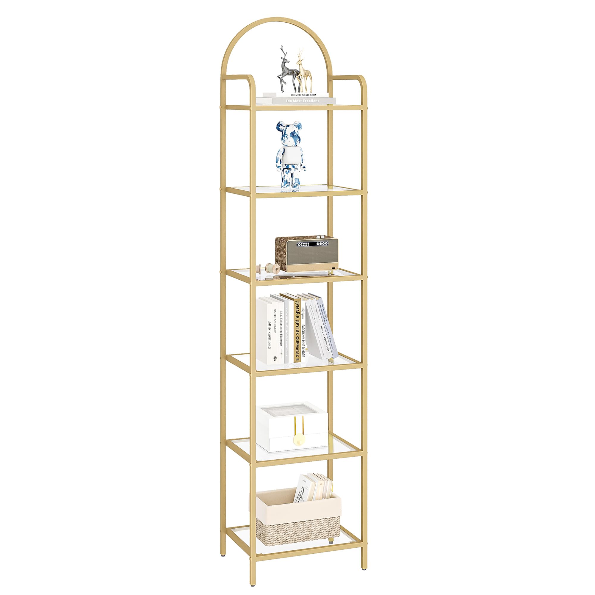 Hzuaneri Bookcase Bookshelf, Tempered Glass Bookshelves, Slim Shelving Unit for Bedroom, Bathroom, Home Office, Steel Frame, 6 Tier Gold BC10601G